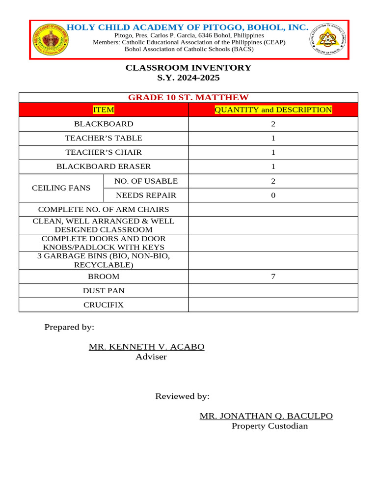 CLASSROOM INVENTORY | PDF