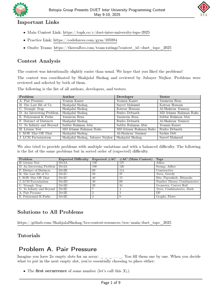 DUET IUPC 2025 Contest Overview | PDF | Mathematics | Discrete Mathematics