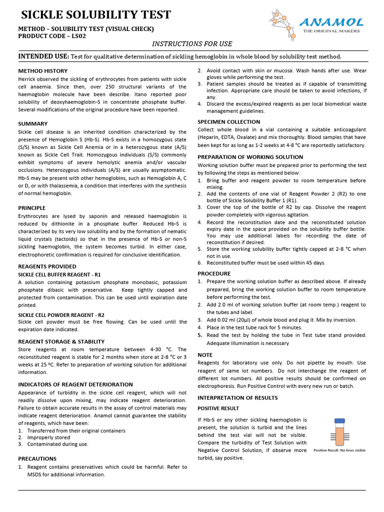 ALPL IFU LS02 Sickle Solubility Test Final | PDF | Hematology | Blood