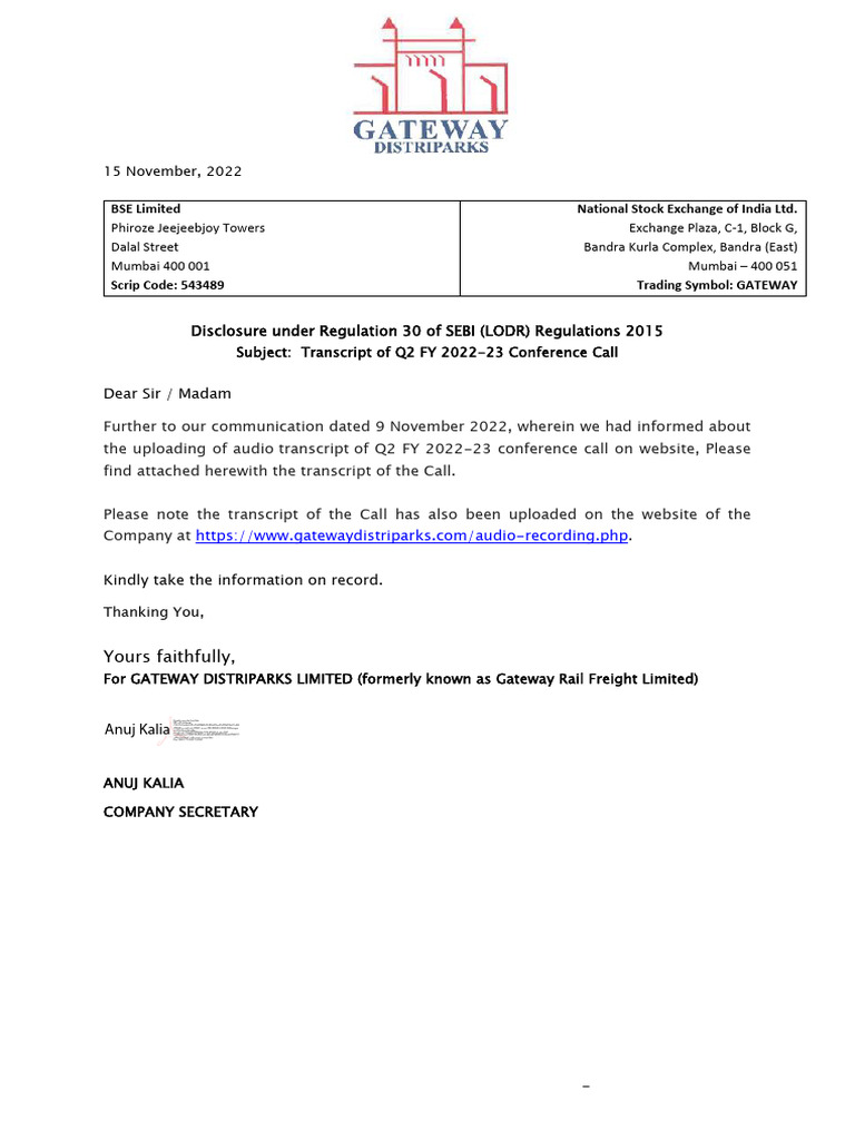 FY23Q2 Gateway Distriparks Concall | PDF | Risk | Rail Transport