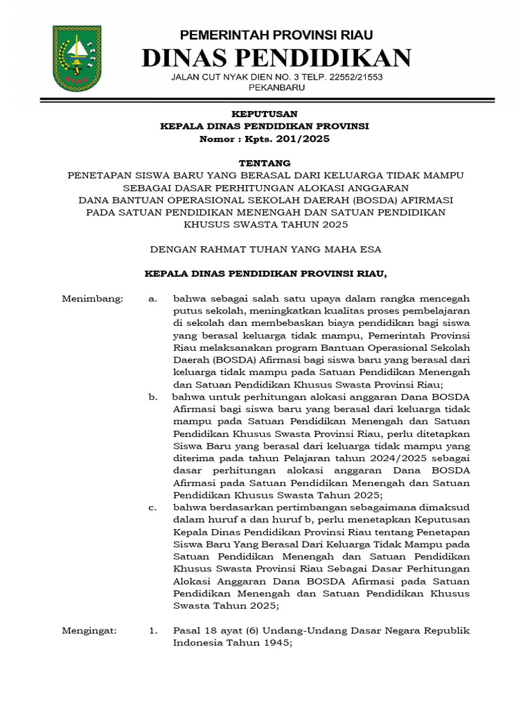 SK Penetapan Penerima Bos Afirmasi Tahun 2025 (Kpts. 201-2025) Teken Dan Stempel | PDF