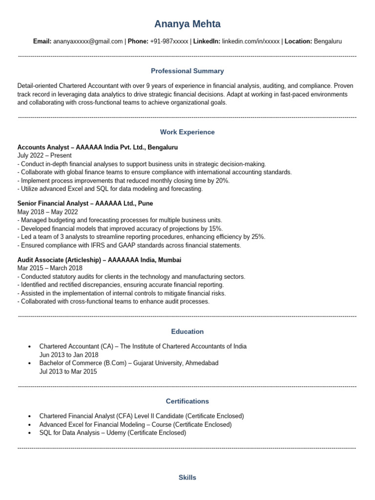 Ananya Mehta - Senior Auditor - CV | PDF | Audit | Financial Analyst