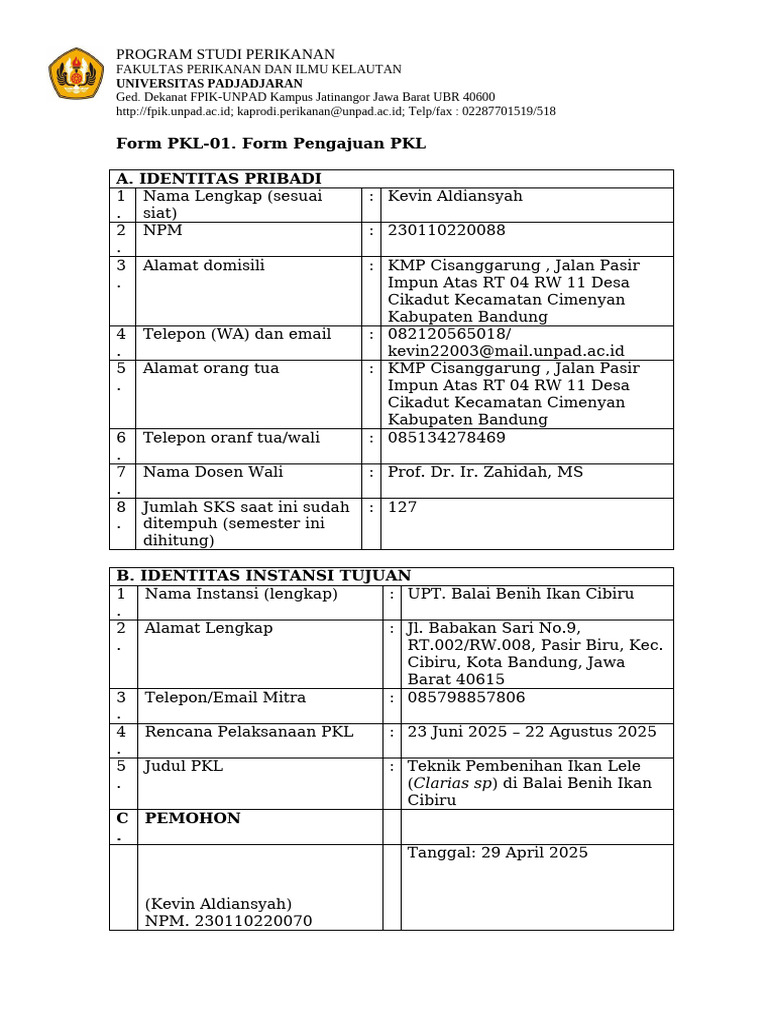 Pengajuan PKL Teknik Pembenihan Ikan | PDF