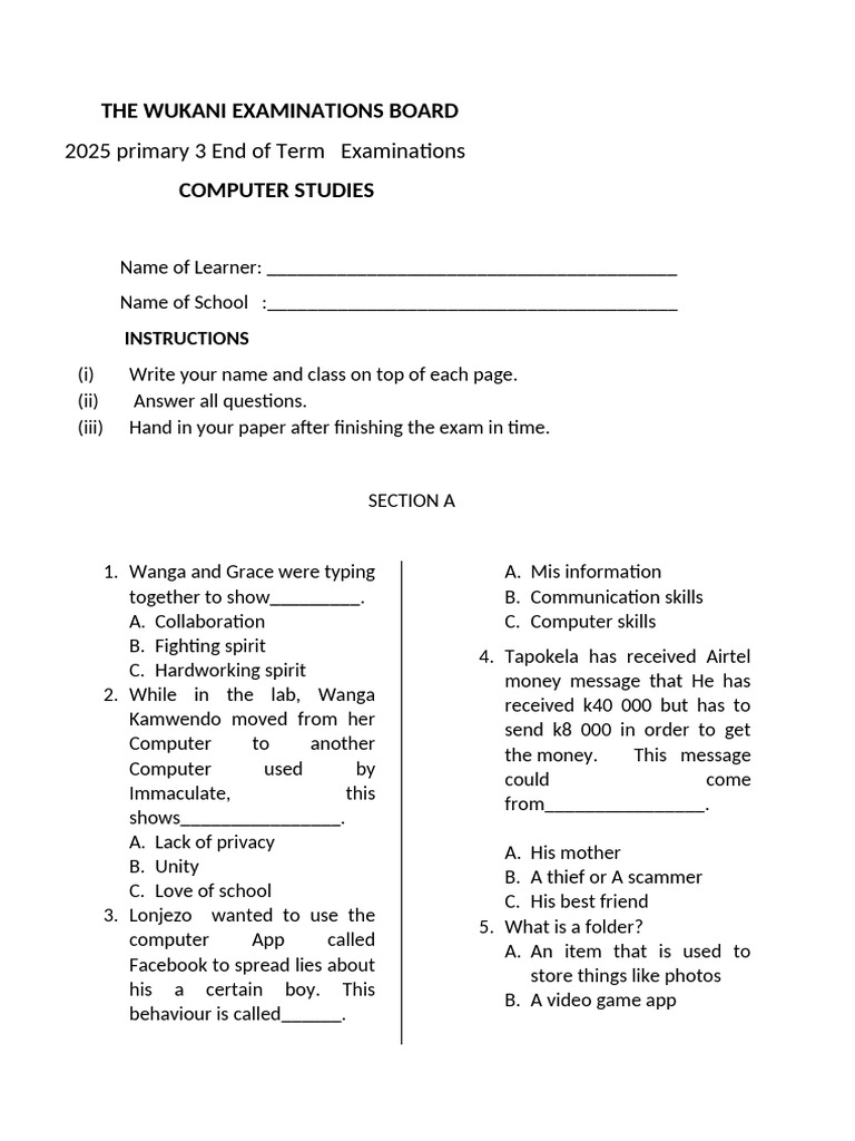 P3 Computer End of 2 Term Exams | PDF | Computer Keyboard | Icon ...