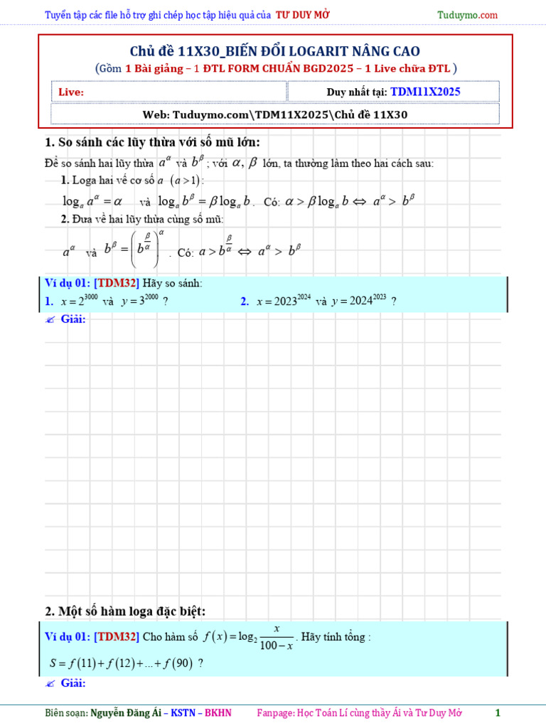 Tdm11x30 - fcd - biến Đổi Logarit Nâng Cao | PDF