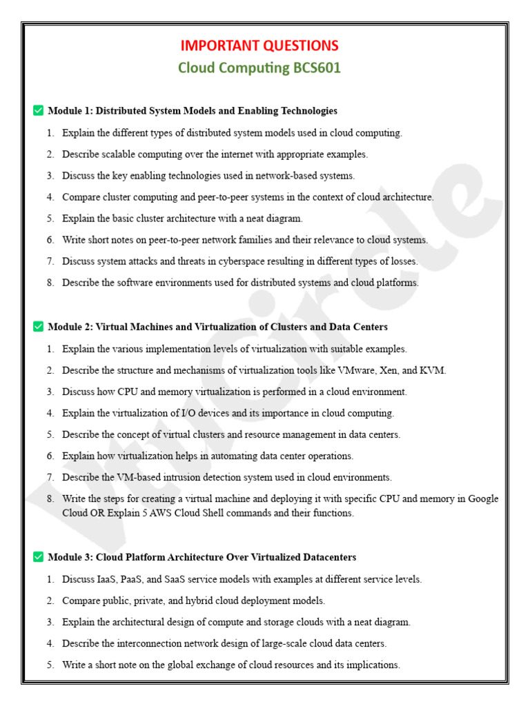 BCS601 Important Questions | PDF | Cloud Computing | Virtualization