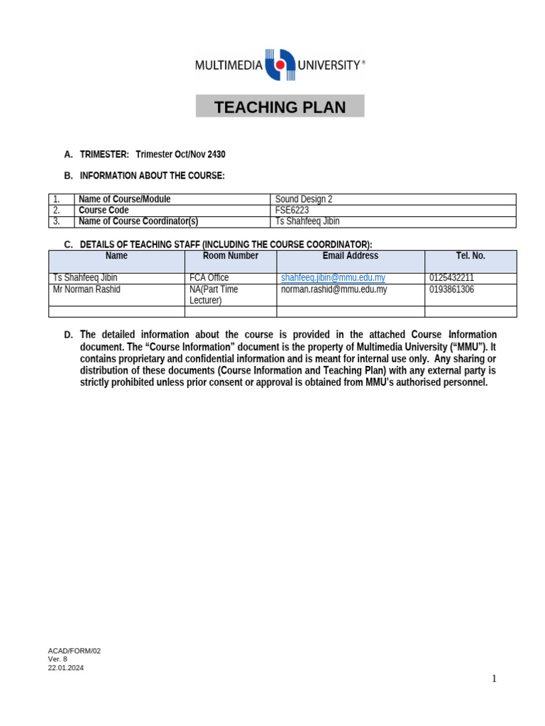 Teaching Plan FSE2223 - Sound Design 2 | PDF | Sound | Sound Technology