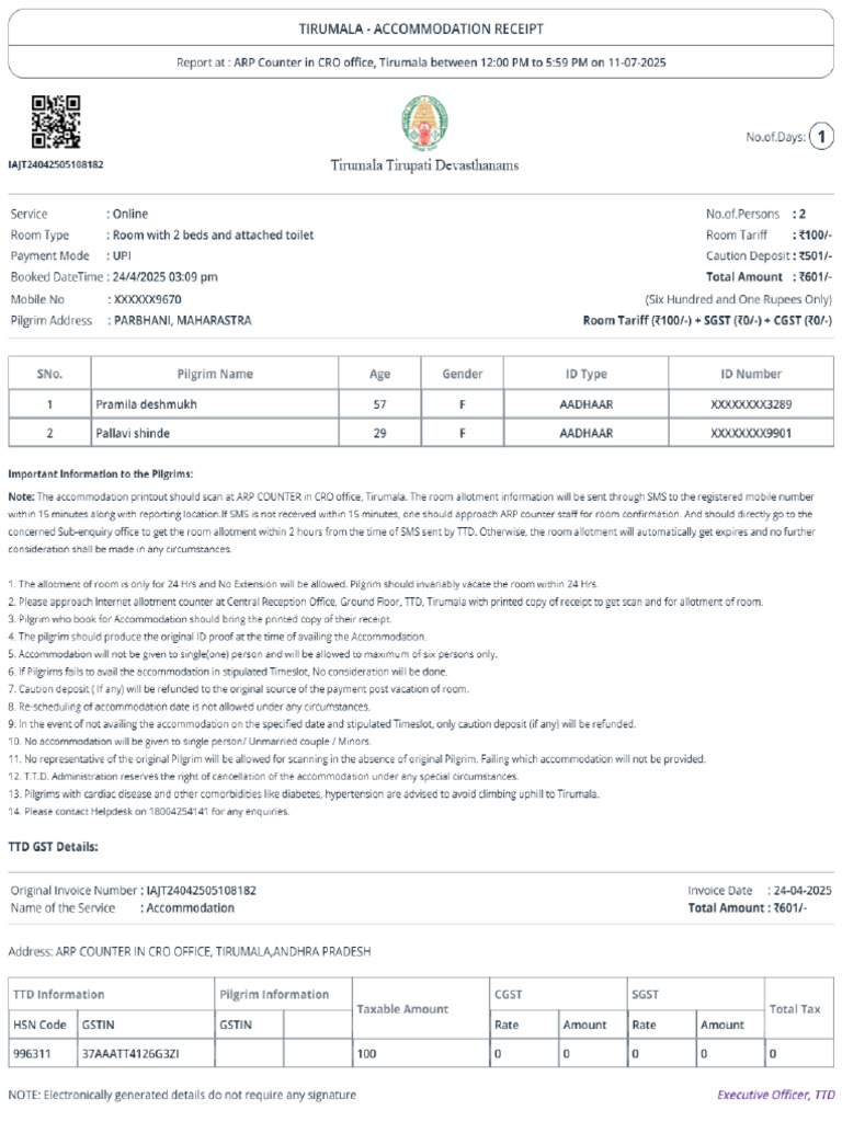 Accommodation Receipt | PDF
