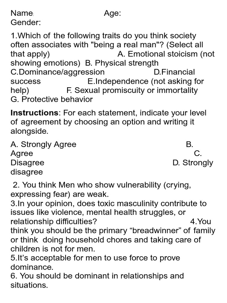 Questionnaire of Toxic Masculinity | PDF
