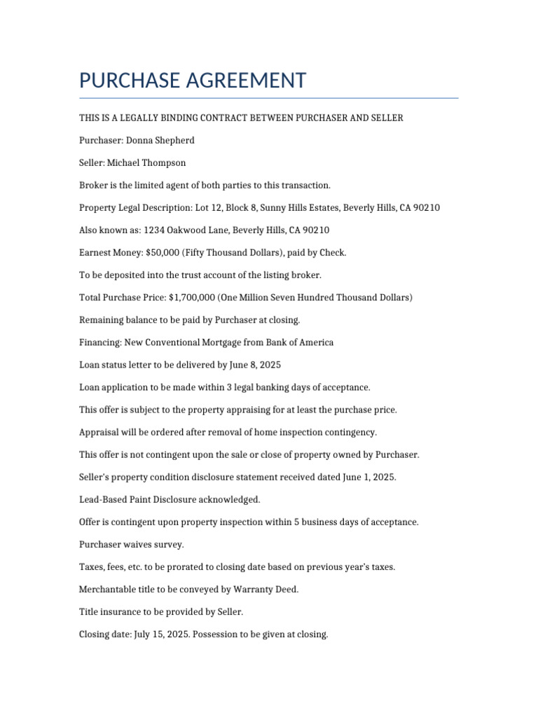 Filled Purchase Agreement | PDF