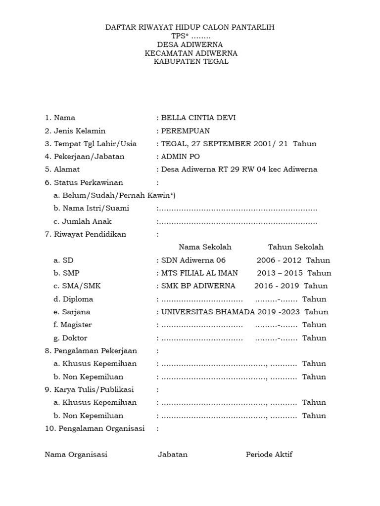 Daftar Riwayat Hidup Bella Cintia Devi | PDF