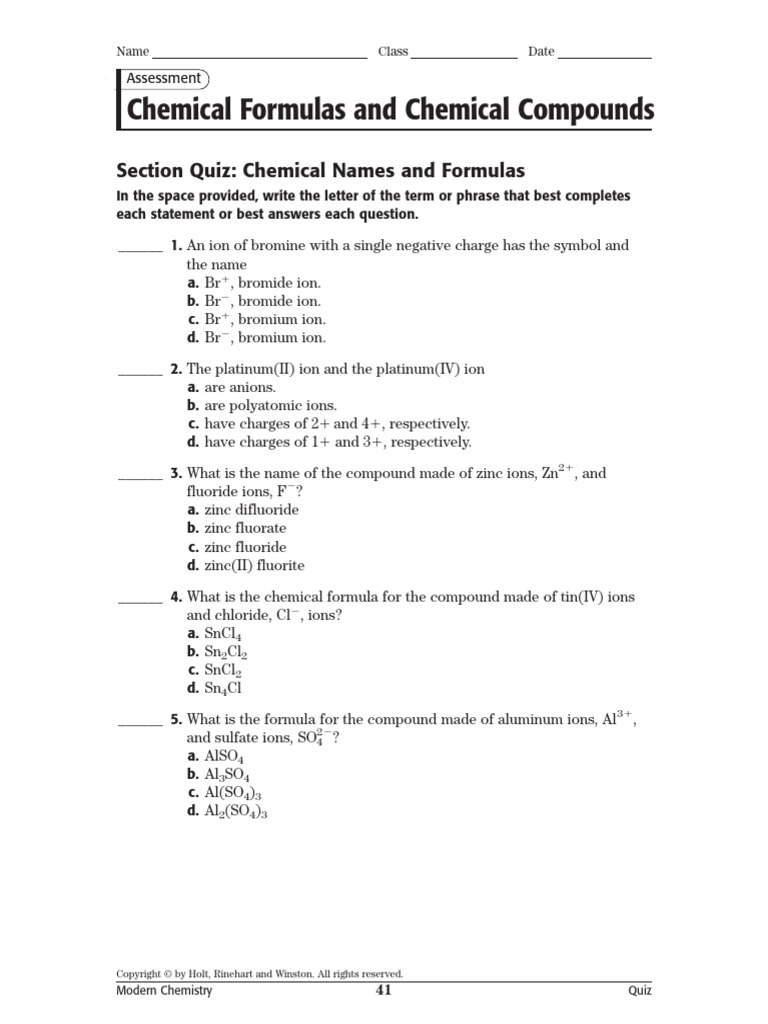 Chemical Names and Formulas Quiz | PDF | Mole (Unit) | Chemical Compounds