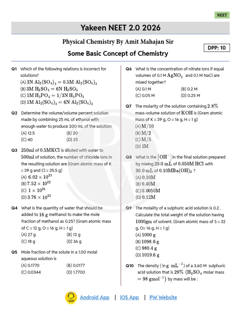 Some Basic Concept of Chemistry DPP 10 of Lec 15 Physical Chemistry | PDF | Chemistry | Chemical ...