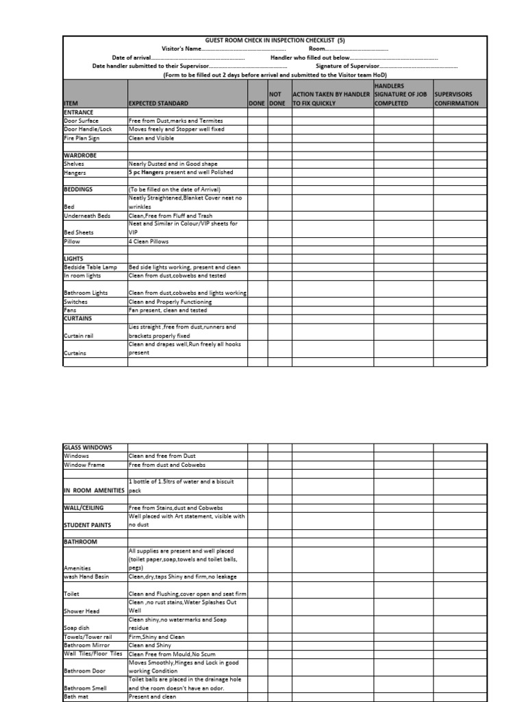Guest Room Check-In Inspection Form | PDF | Bathroom | Hygiene