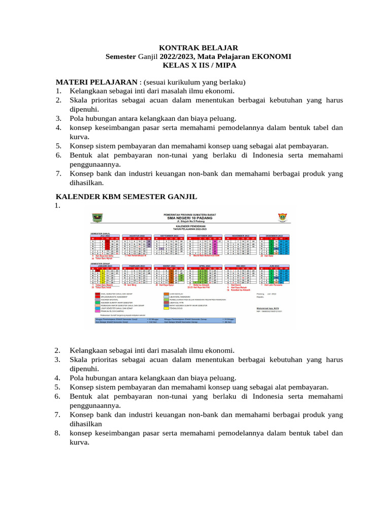 Kontrak Belajar Ganjil 22-23 Kls X | PDF