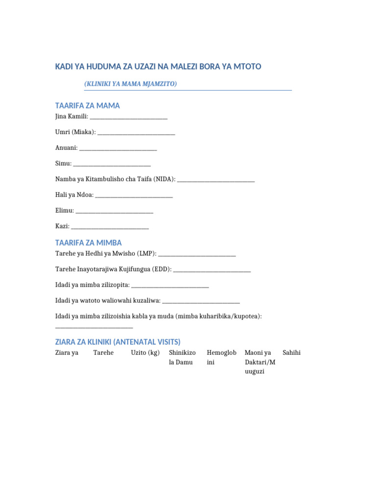 Kadi Ya Kliniki Ya Mama Mjamzito | PDF