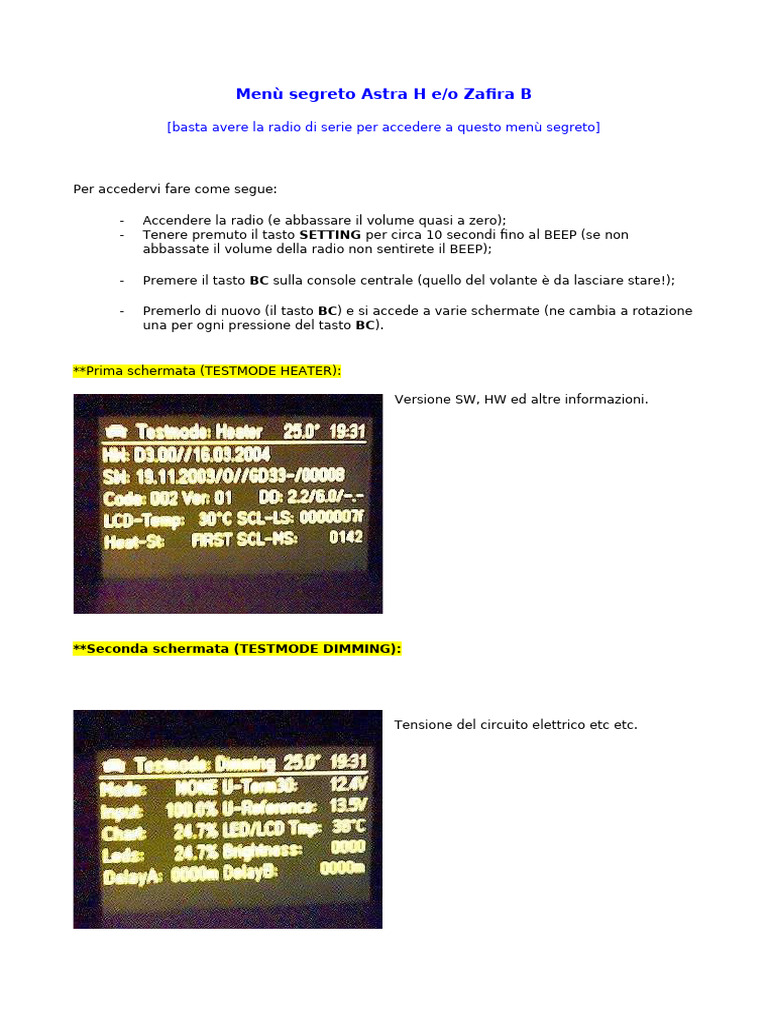 Menù Segreto Astra H e Zafira B | PDF