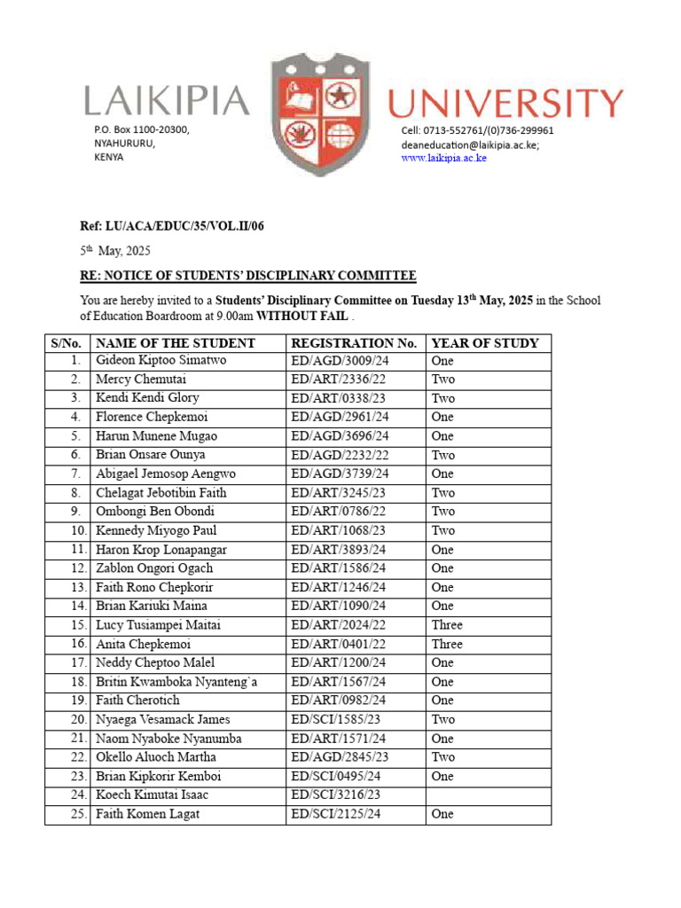 Disciplinary Committee Invitation Letter 2nd May 2025 | PDF ...