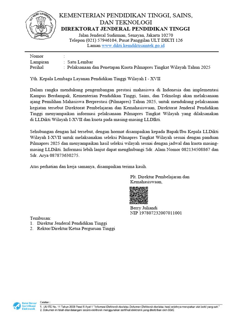 Surat Pemberitahuan Pilmapres 2025 TTE | PDF