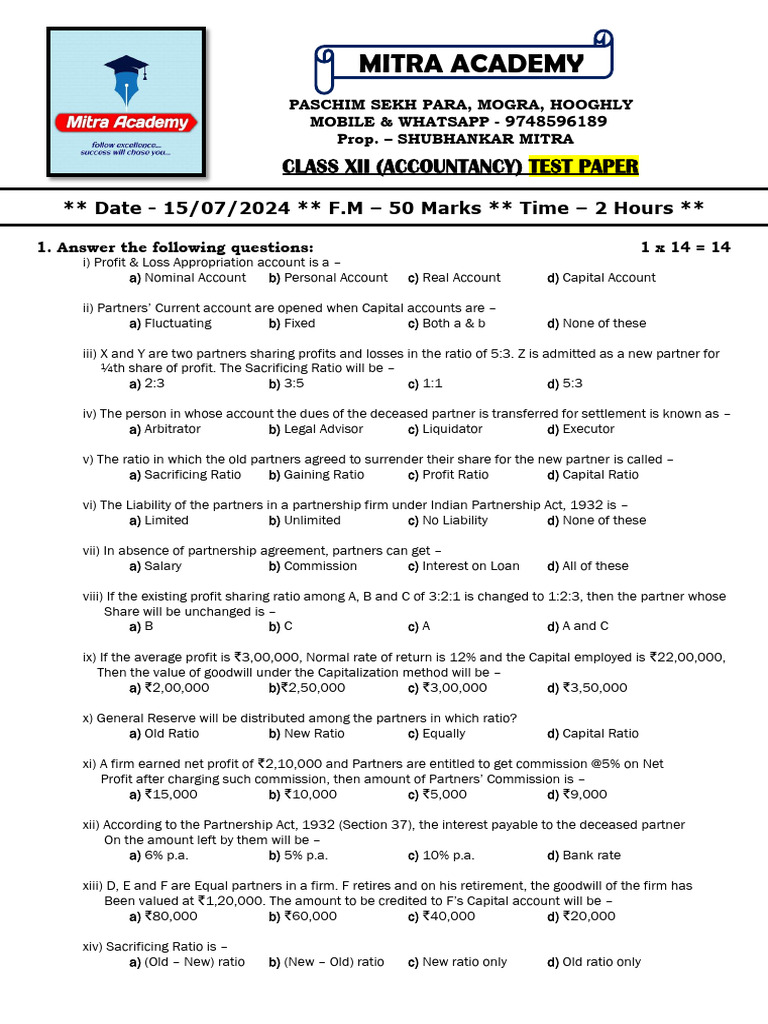 Accounts Class XII 1st Question Paper 2024 | PDF | Balance Sheet | Goodwill (Accounting)