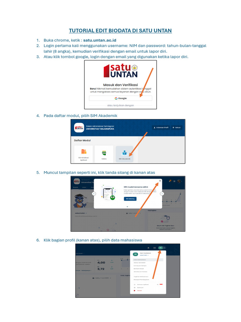 Tutorial Edit Biodata Di Satu Untan | PDF
