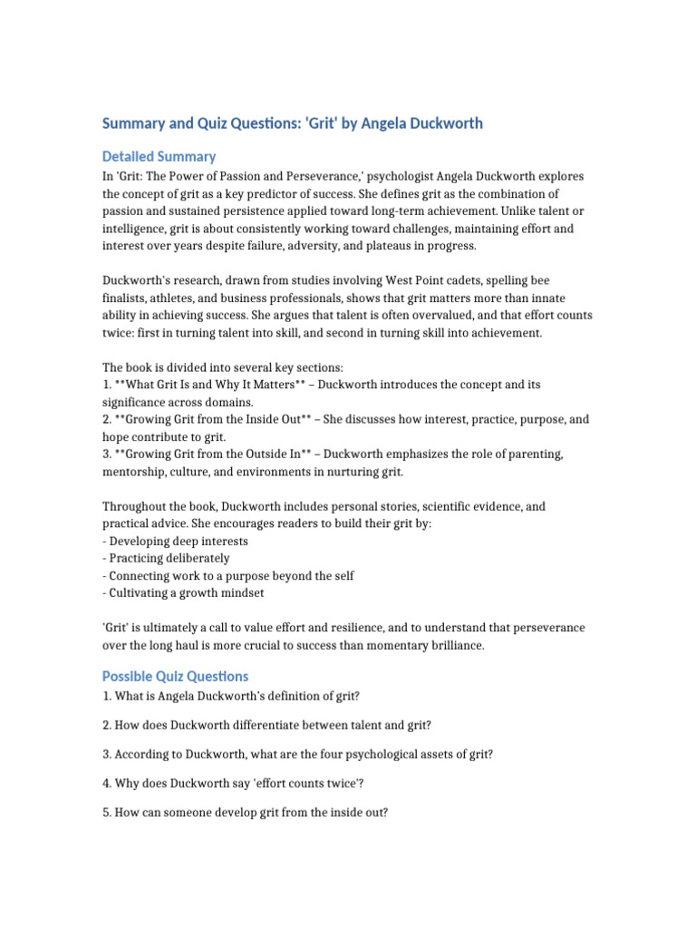 Grit_Summary_and_Quiz_Questions | PDF | Grit (Personality Trait ...