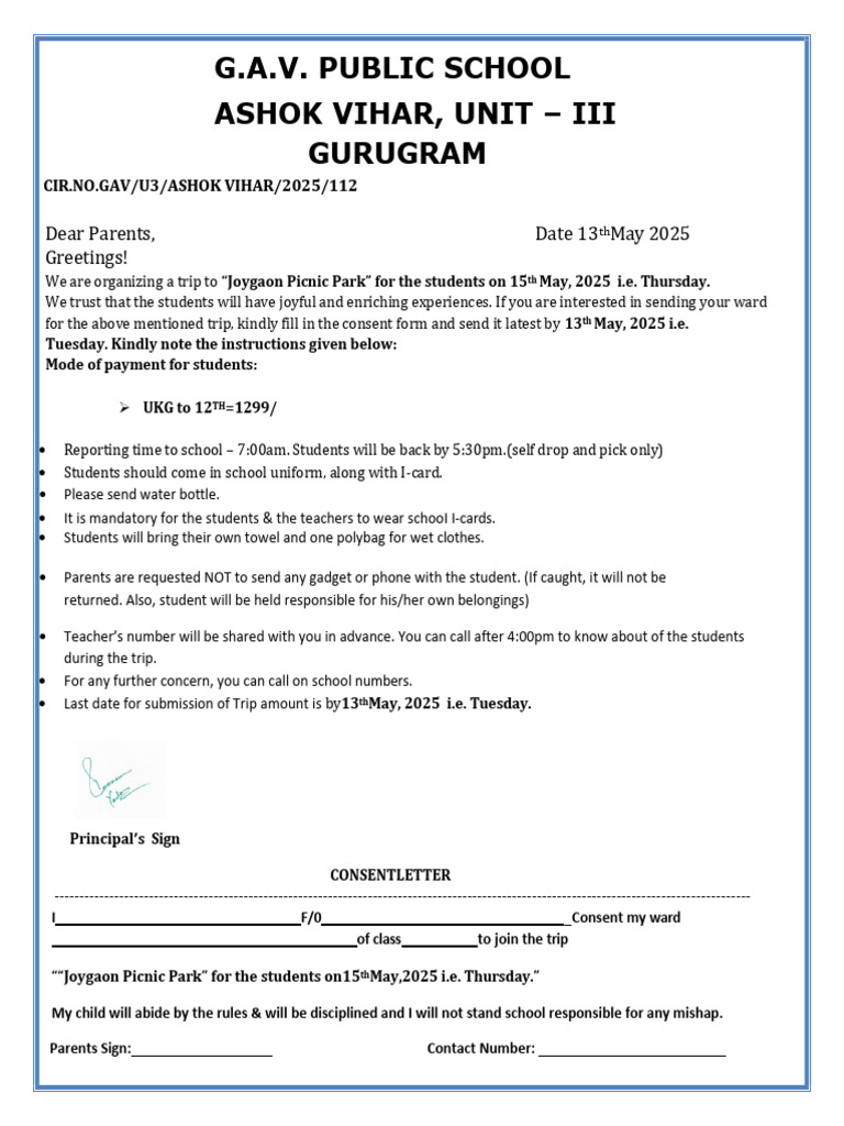 Picnic Consent Form for Parents | PDF