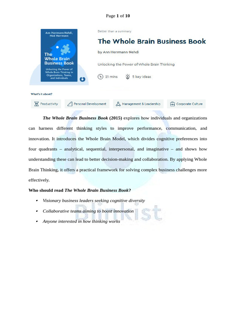 Harnessing Whole Brain Thinking in Business | PDF | Thought | Leadership