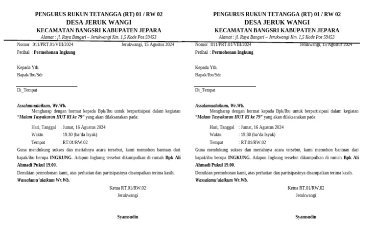 Permohonan Ingkung RT1 | PDF