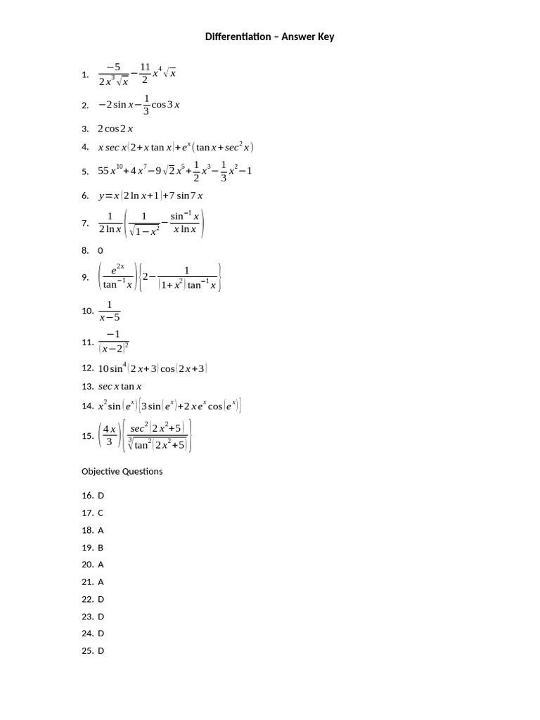 Differentiation - Answer Key | PDF