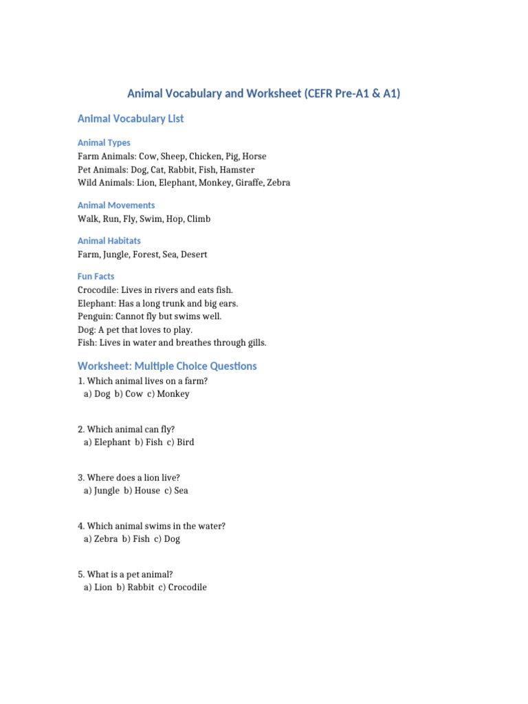 CEFR PreA1 A1 Animal Worksheet | PDF