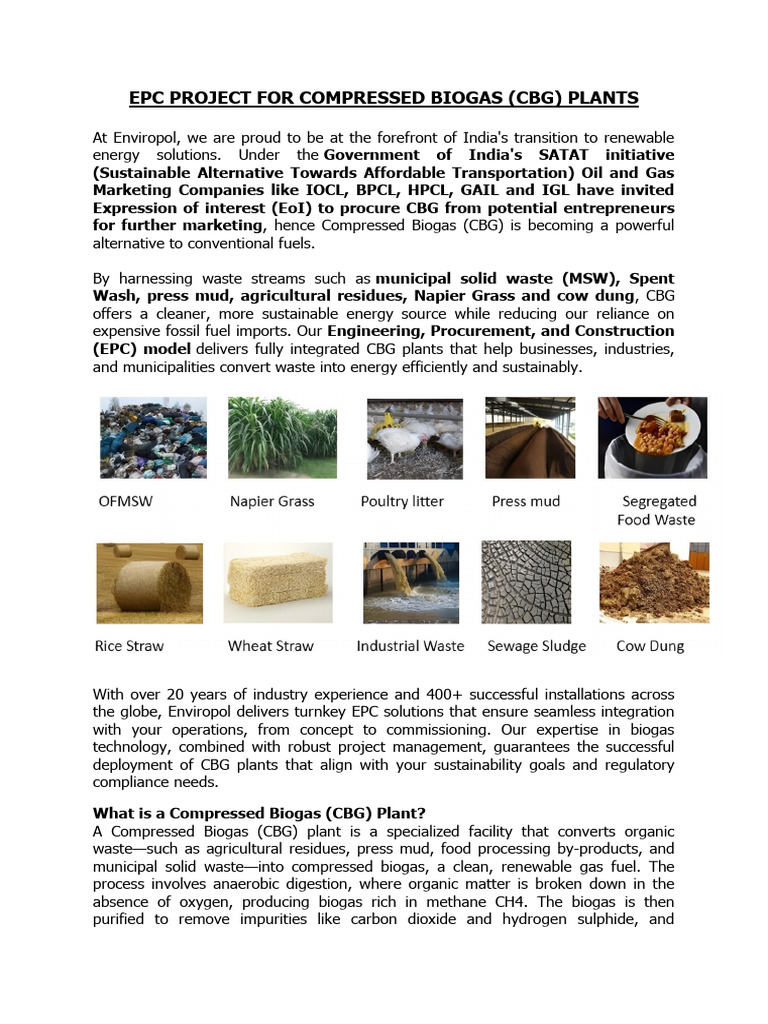 EPC PROJECT FOR COMPRESSED BIOGAS (CBG) PLANTS | PDF | Biogas ...