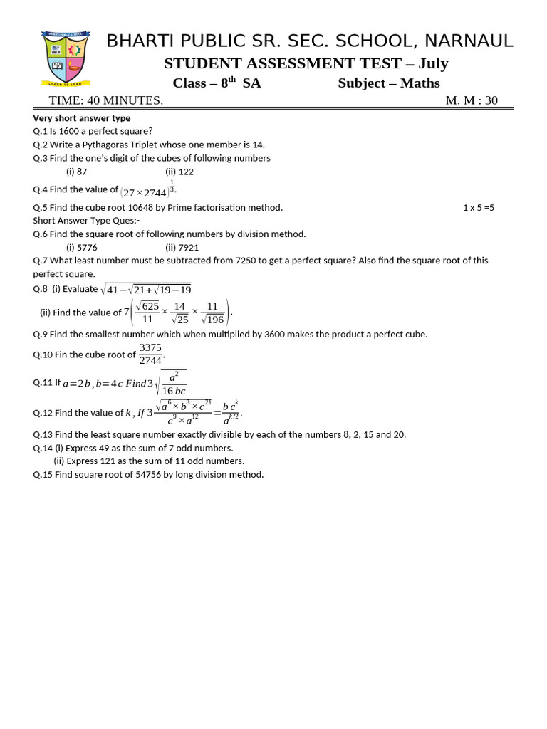 Class 8th SA Maths | PDF