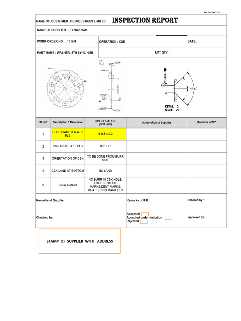 Inspection Report: Stamp of Supplier With Address | PDF