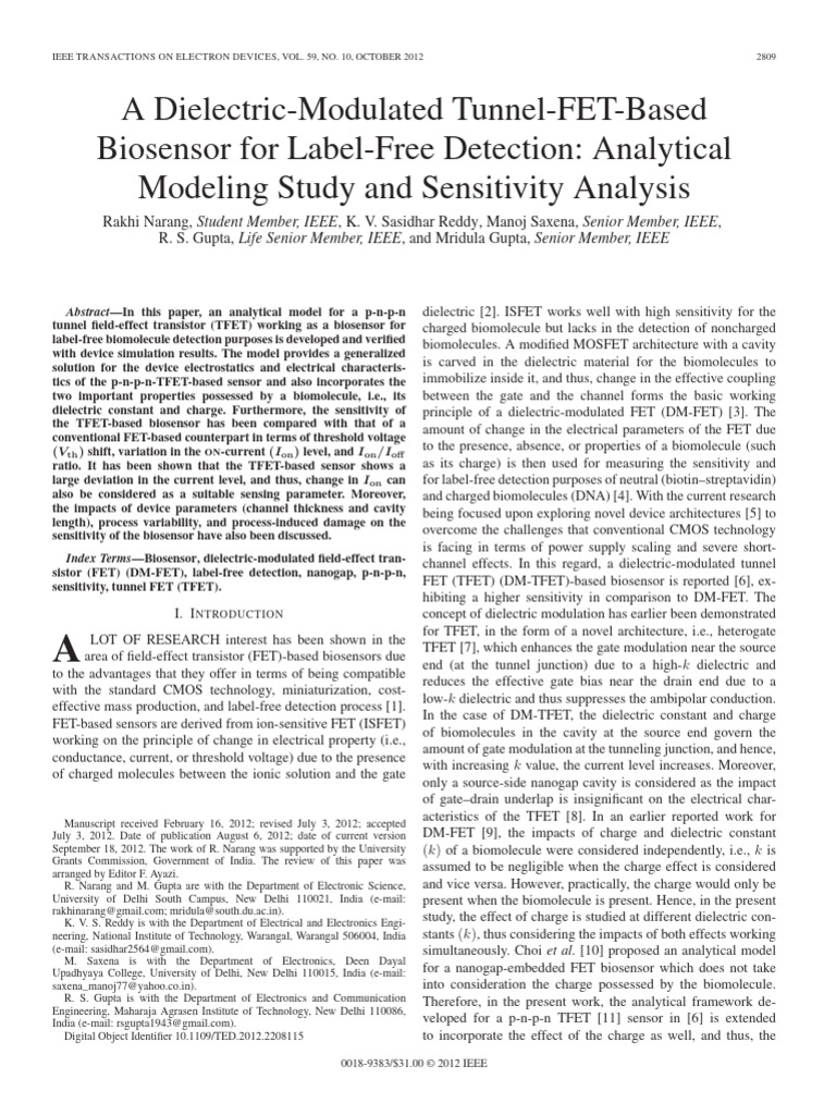 A Dielectric-Modulated Tunnel-FET-Based Biosensor For Label-Free Detection Analytical Modeling ...