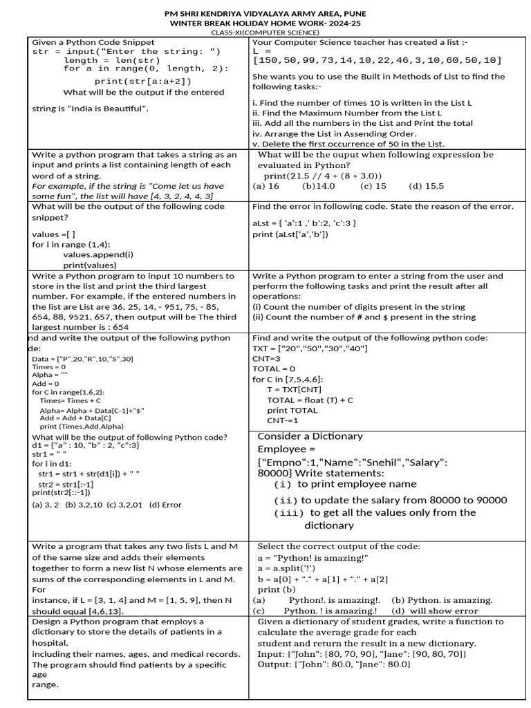 CS Class XI Winter Holiday HW 2024-25 | PDF | String (Computer Science) | Python (Programming ...