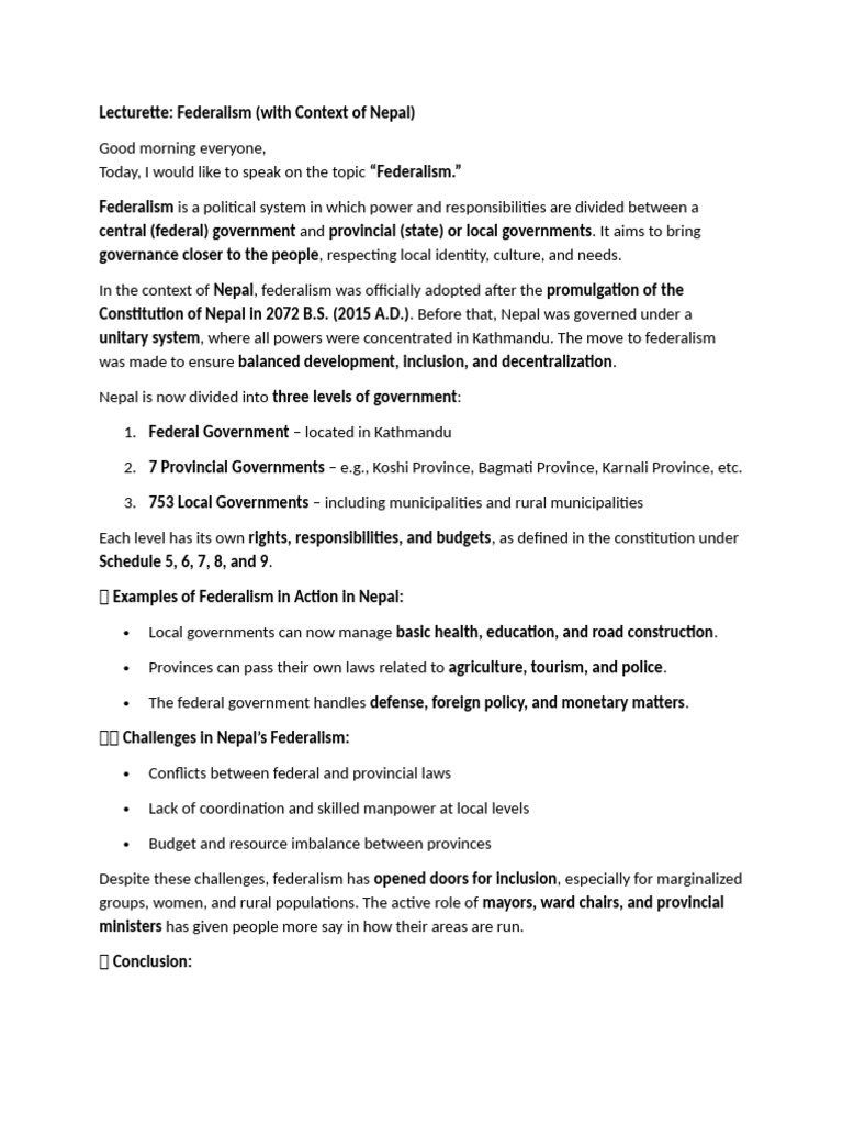 Federalism in Nepal: Structure and Challenges | PDF