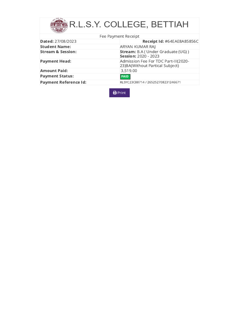 Payment Receipt - Admission Management System | PDF