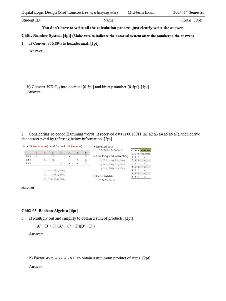 2024 1 Mid-Term Exam | PDF | Boolean Algebra | Teaching Mathematics