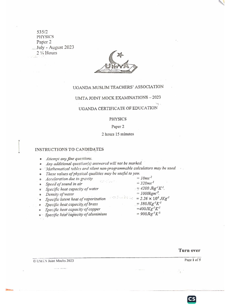 UMTA Mock Physics P 2 | PDF