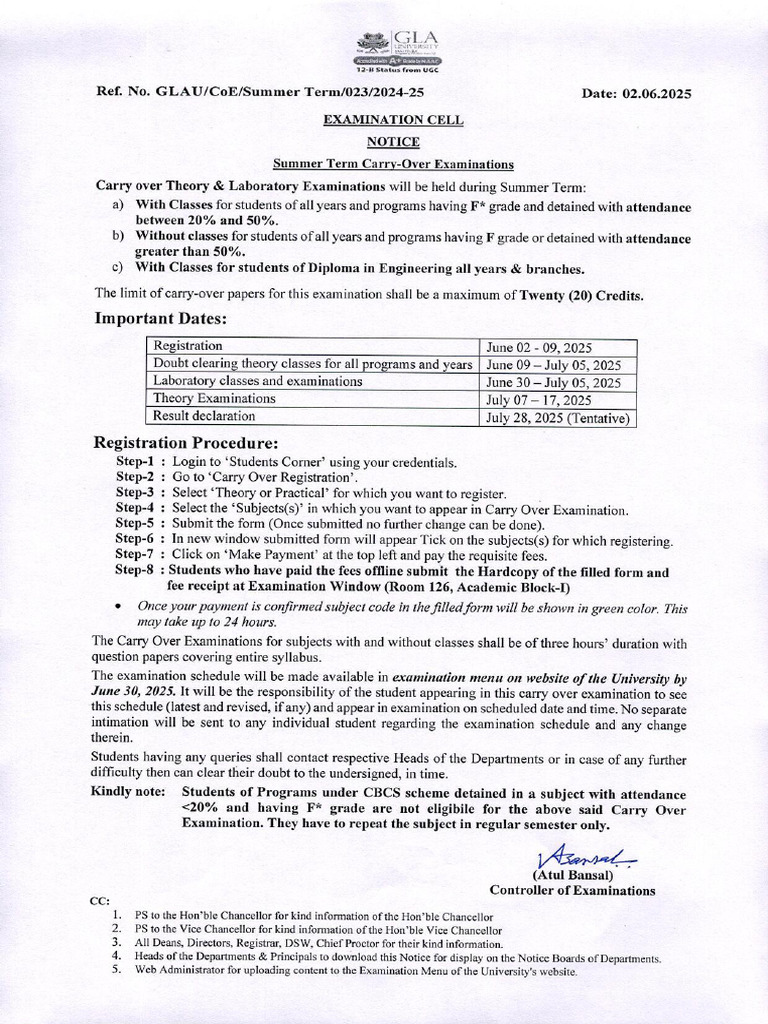 Notice For Summer Carry Over Examination 2024-25 | PDF