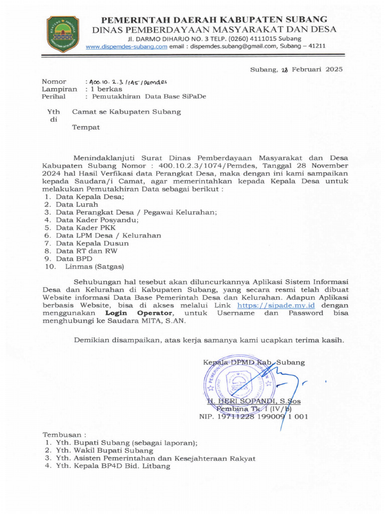 Surat Pemutakhiran Data SIPaDe | PDF