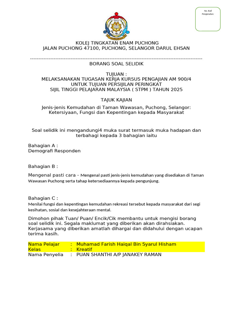 Contoh Borang Soal Selidik | PDF