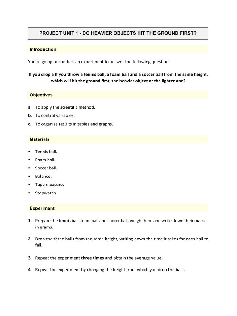 Project Unit 1 - Do Heavier Objects Hit The Ground First | PDF