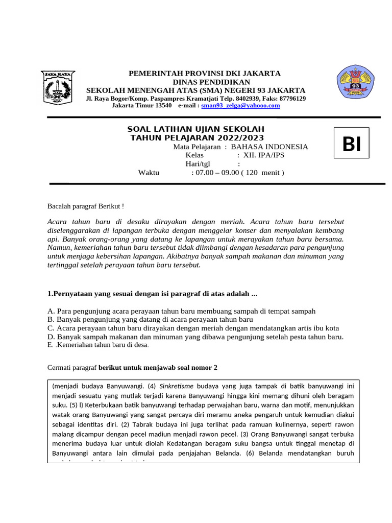 Soal Us Bindo 2022 | PDF