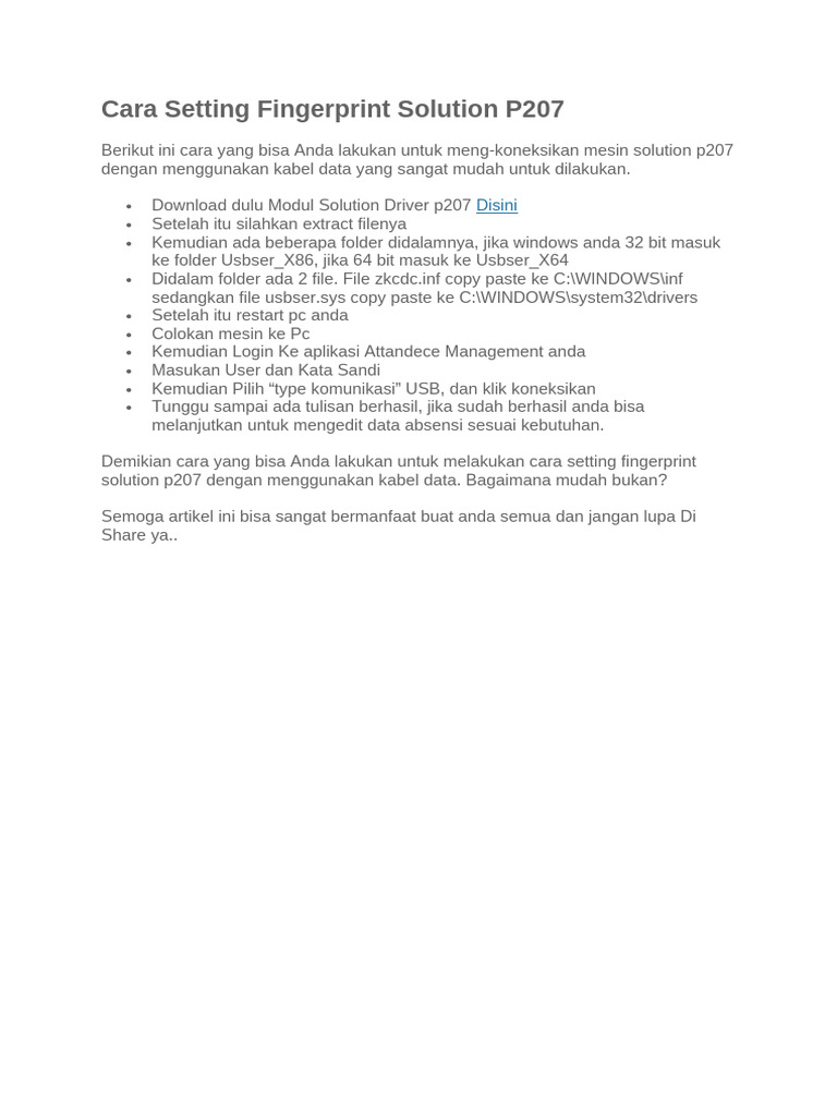 Cara Setting Fingerprint Solution P207 | PDF