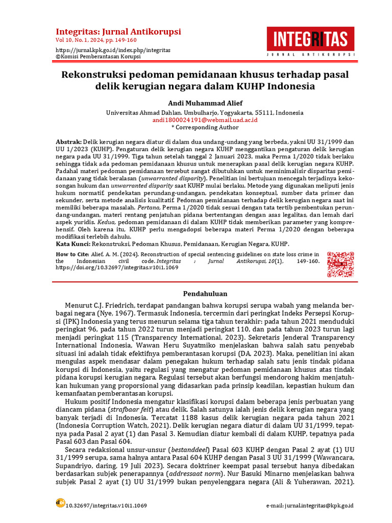 Rekonstruksi Pedoman Pemidanaan Khusus Terhadap Pasal Delik Kerugian Negara Dalam KUHP | PDF