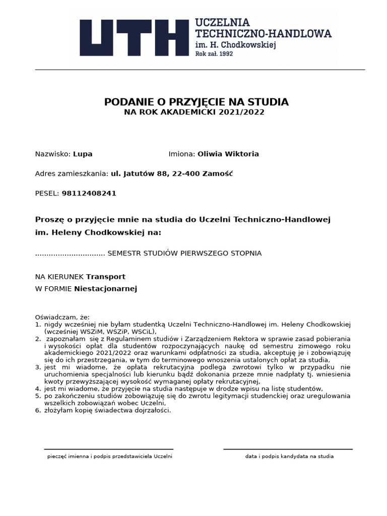Podanie o Przyjęcie Na Studia | PDF