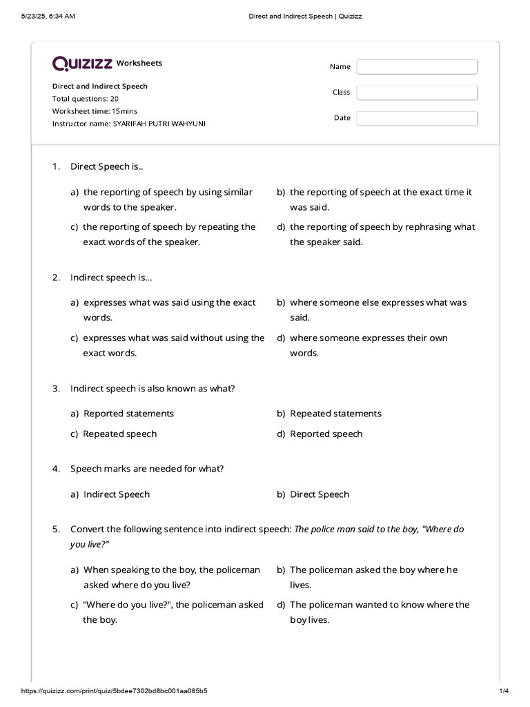 Direct vs. Indirect Speech Worksheet | PDF | Graphemes | Typographical ...