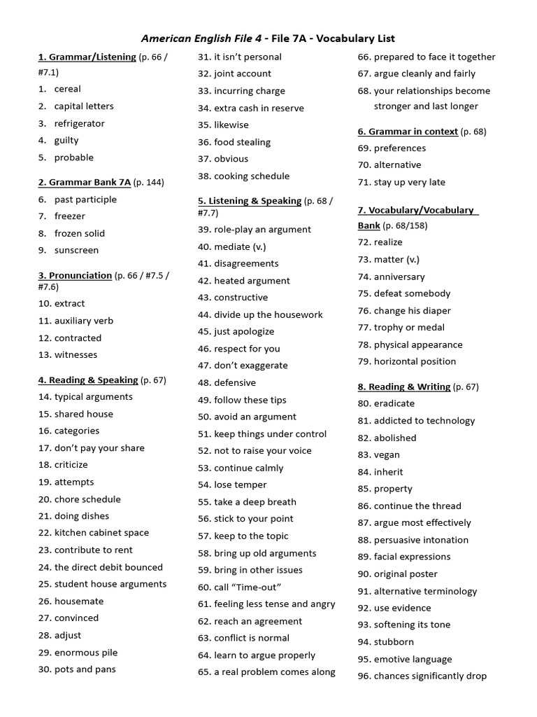 American English File 4-File 7A-Vocabulary List | PDF | Linguistics
